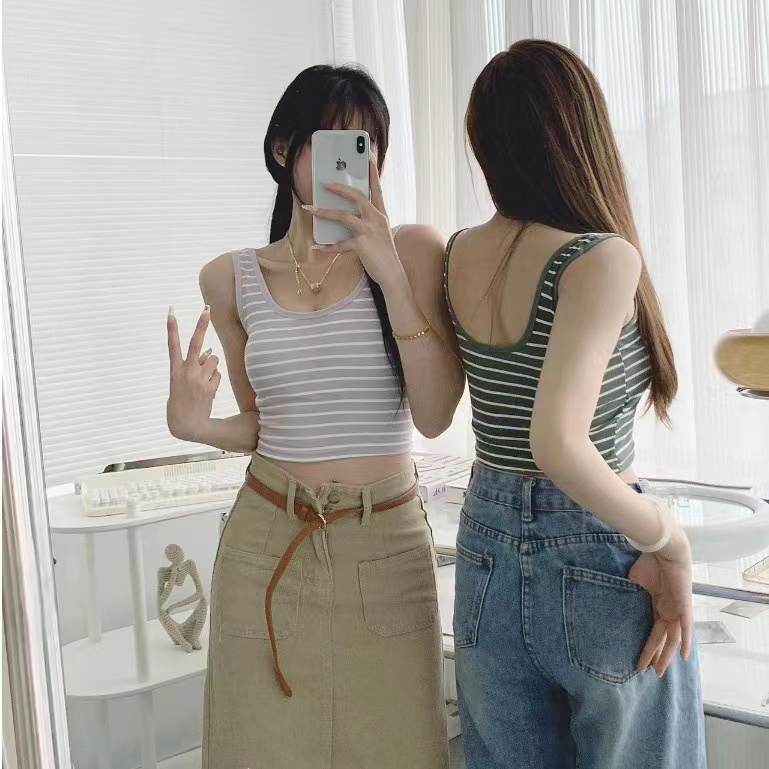 Jual Miss curiosity Tank Top Tanktop Wanita Singlet Bralette Motif Garis Crop Top Spaghetti ...