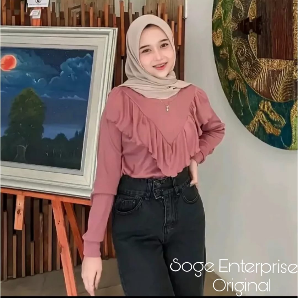 Jual Kaos Lengan Panjang Rumbai / Knit Ruffle Top / Cotton Rib | Shopee ...
