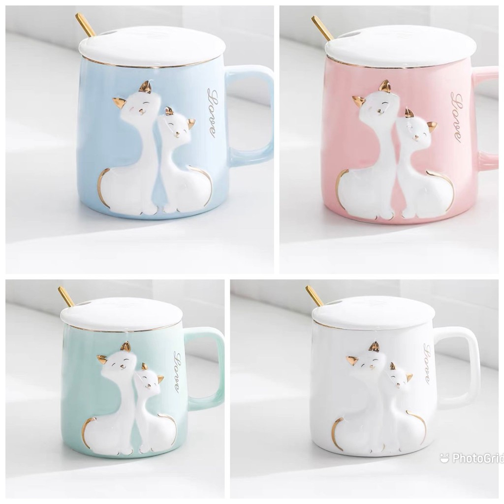 Jual mug kucing aneka pilihan model warna dengan tutup dan sendok ...