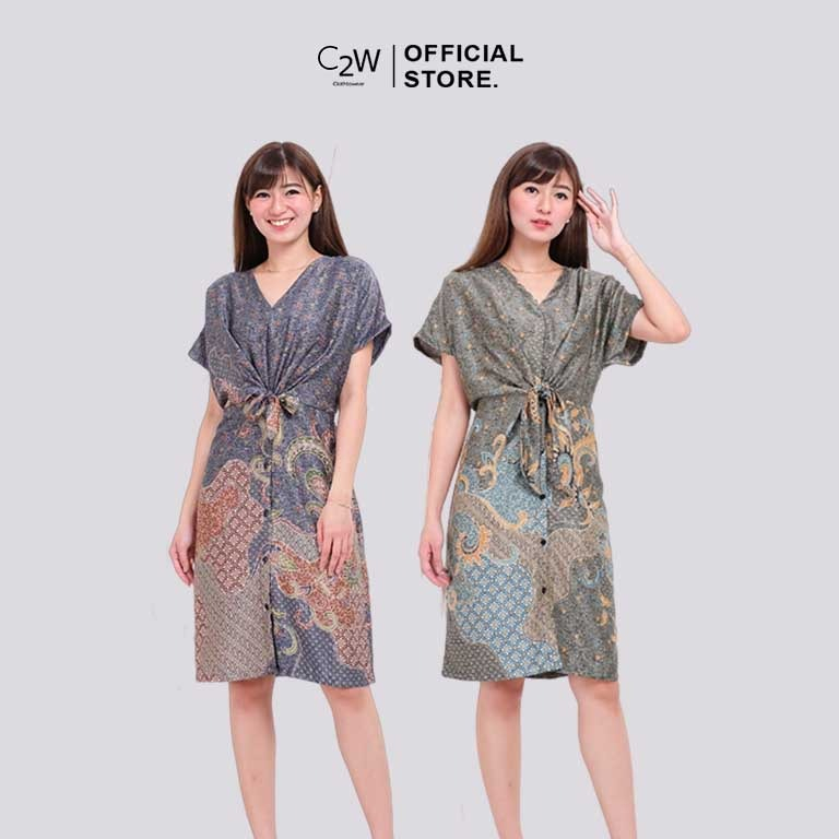 Jual C2W Clothtowear Cross Button Dress Batik Wanita All Size Satin Women's Clothes 192 | Shopee ...