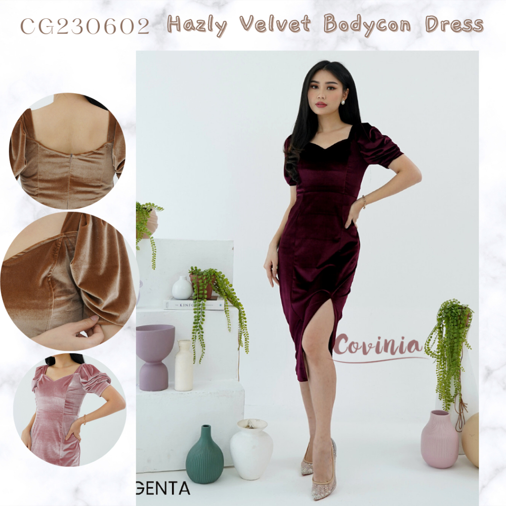 Jual Hazly Velvet Slit Bodycon Dress Beludru Square V neck Puff Hazle ...
