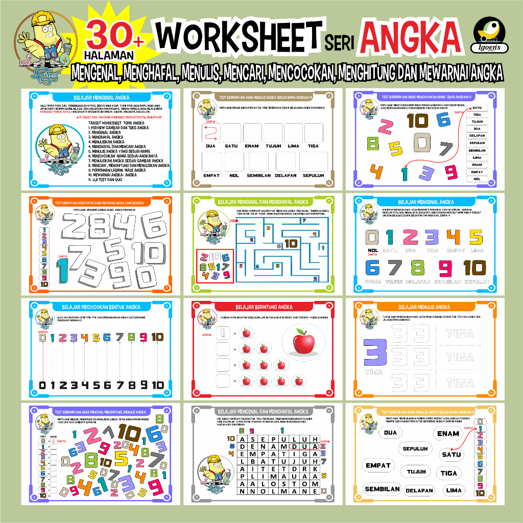 Jual FILE PDF 30 halaman WORKSHEET seri Belajar ANGKA untuk Paud dan TK ...