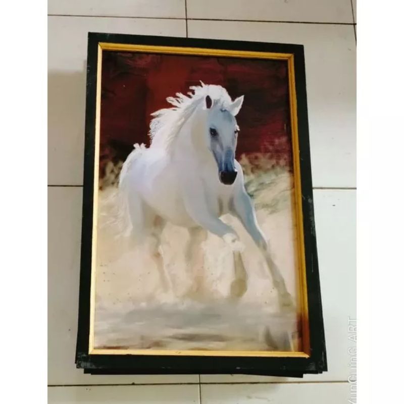 Jual WALL DECOR LUKISAN CETAL KUDA PUTIH+BINGKAI UKURAN 45×65CM ...