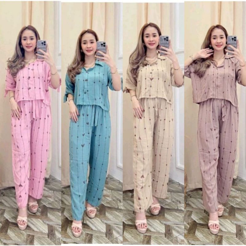 Jual [BISA COD] ONE SET CROP WANITA KEKINIAN// SETELAN LENGAN PENDEK MOTIF LOVE BUSUI// STELAN ...