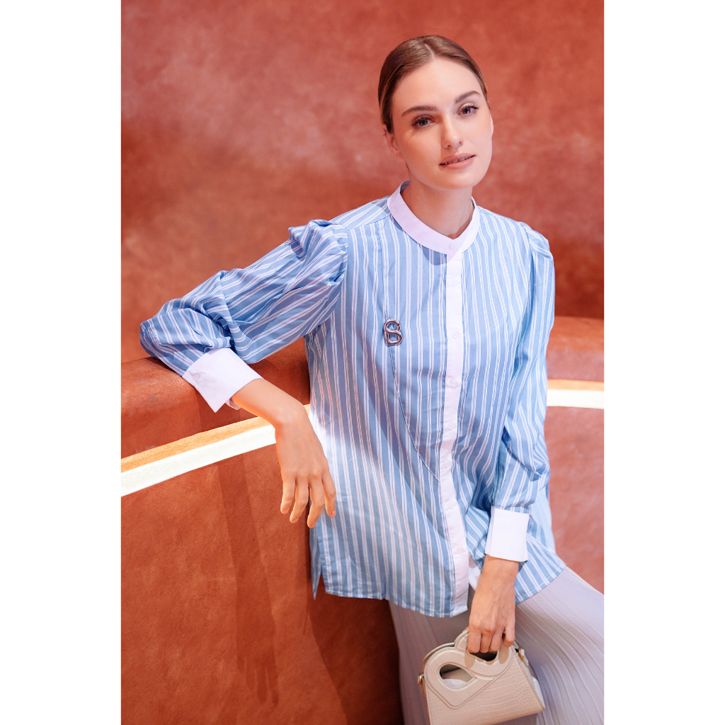 Jual Benang Jarum Double Striped Shirt - Ocean Blue | Shopee Indonesia