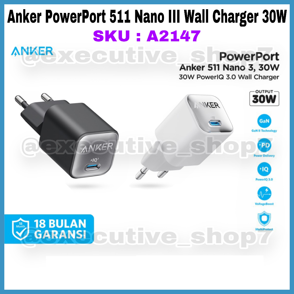 Jual Anker PowerPort 511 Nano III Wall Charger 30W - SKU : A2147 | Shopee Indonesia