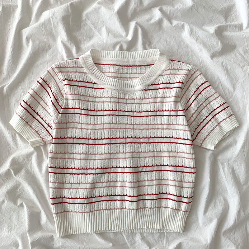 Jual The Monseur Gallery Kaos Rajut Lengan Pendek Wanita Striped T-shirt Korean Style | Shopee ...
