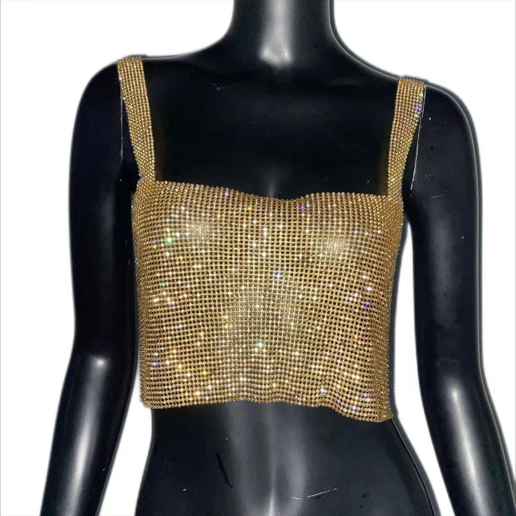 Jual Summer Shiny Crystal Chain Tank Top Silver Metal Mesh Halter