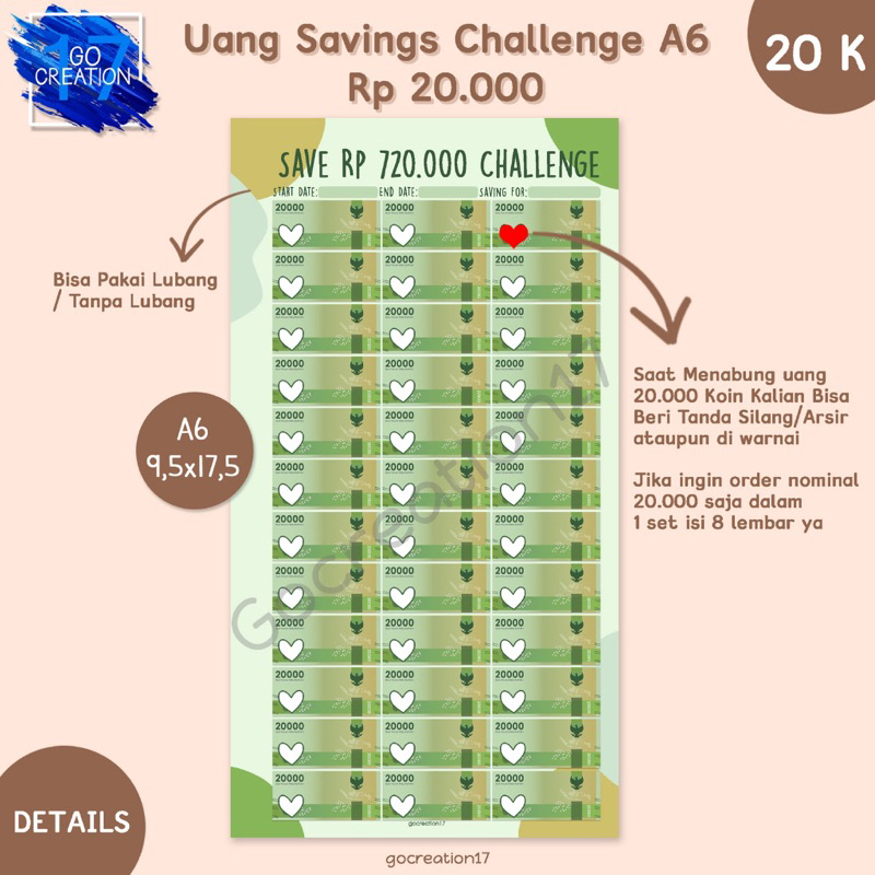 Jual KERTAS ISI BINDER A6 SAVING CHALLENGE MOTIF UANG 20k || 1pcs/lembar | Shopee Indonesia