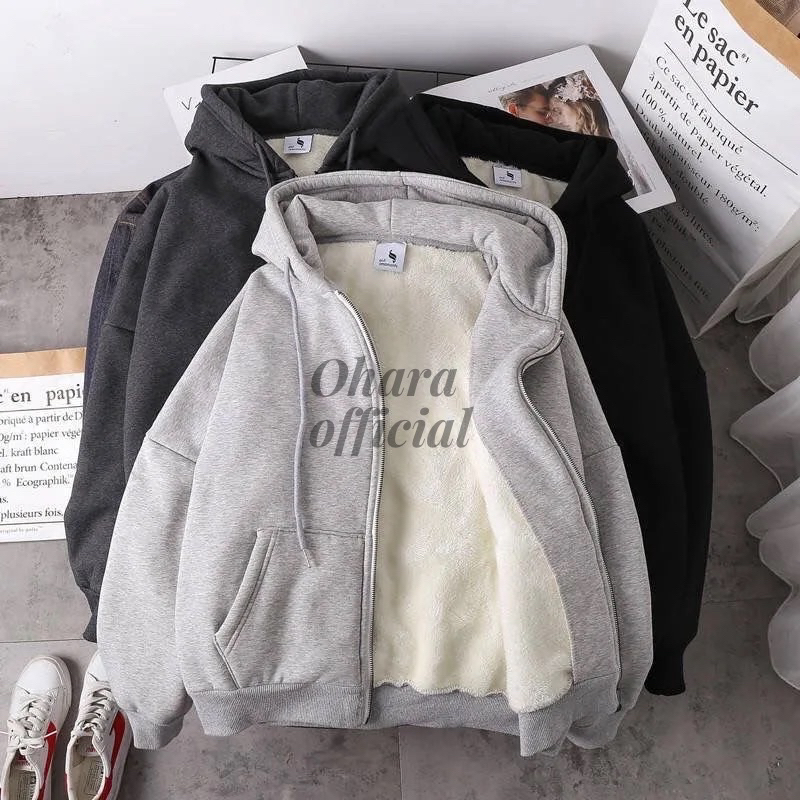 Jual OHARA.id jaket hoodie daleman bulu mantel hangat musim dingin sherpa jacket | Shopee Indonesia