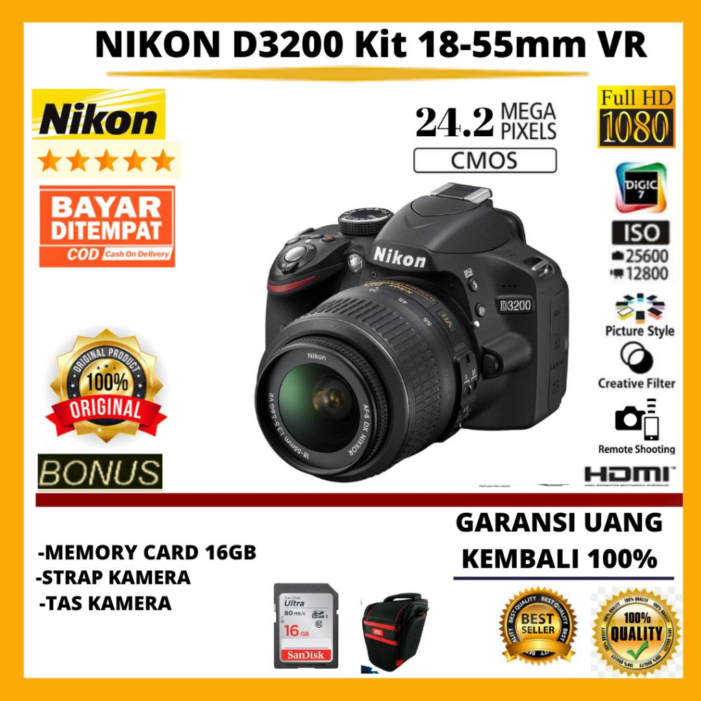 Jual Nikon D3200 kit 18-55mm VR ll FREE ACCESORIES KAMERA | Shopee Indonesia