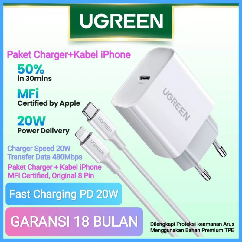 Jual Ugreen Adaptor Charger iPhone 20W Dan Kabel Lighting iPhone Fast ...