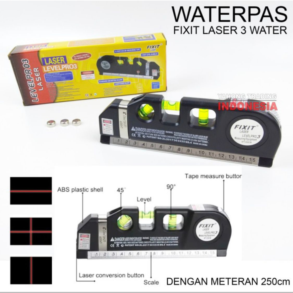 Jual WATERPASS FIXIT LEVEL PRO 3 WATER PASS METERAN LASER UP TO 250 Cm | Shopee Indonesia