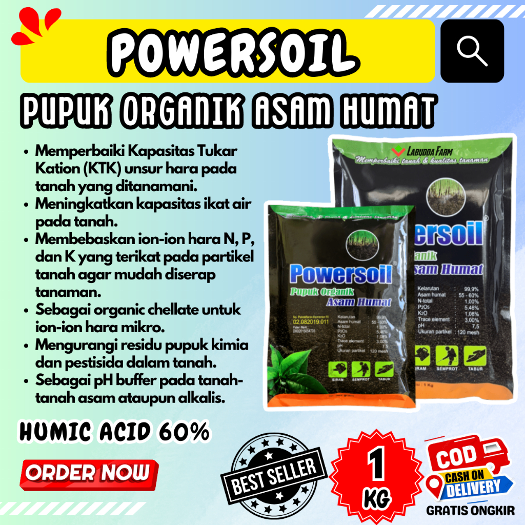 Jual Pupuk Powersoil 1kg Humic Acid 60% Pupuk Organik Power Soil Pupuk Pembenah Tanah Asam Humat ...