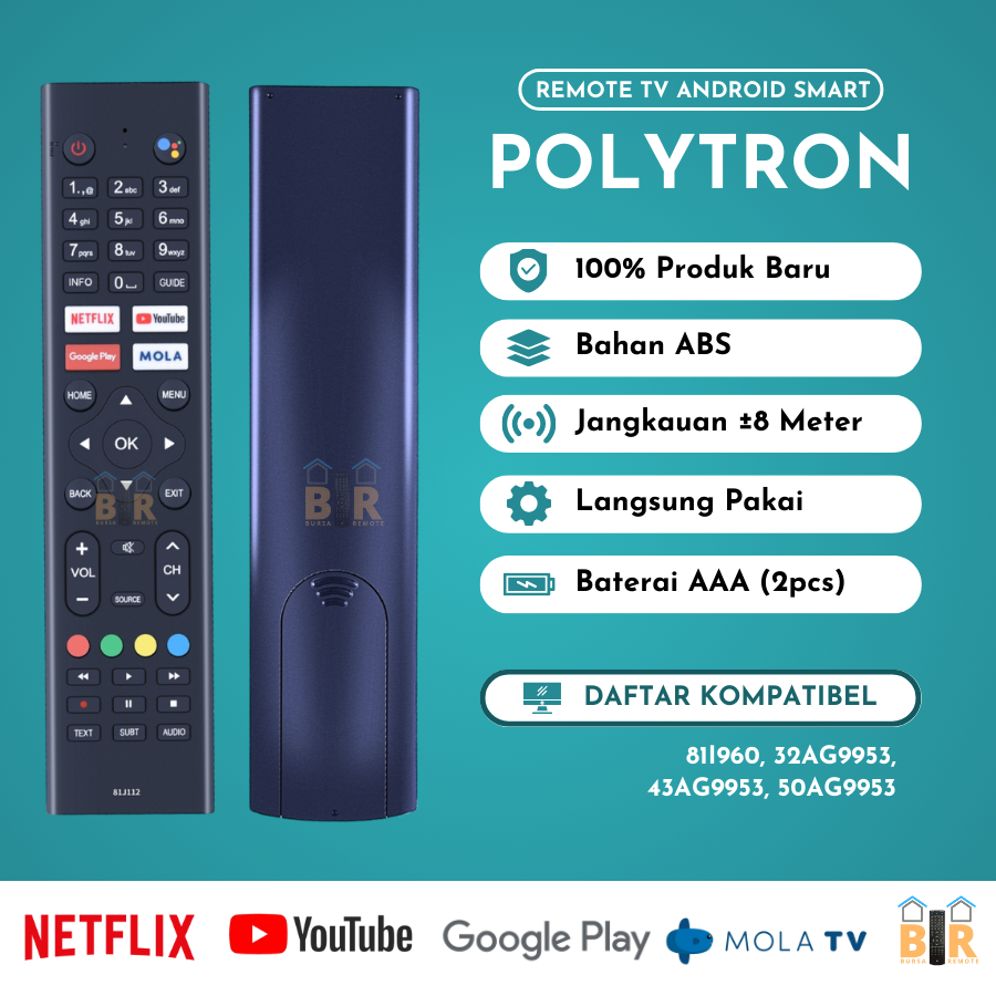 Jual Remot / Remote Smart TV Polytron LCD LED Android type 81J112 android Smart youtube netflix ...