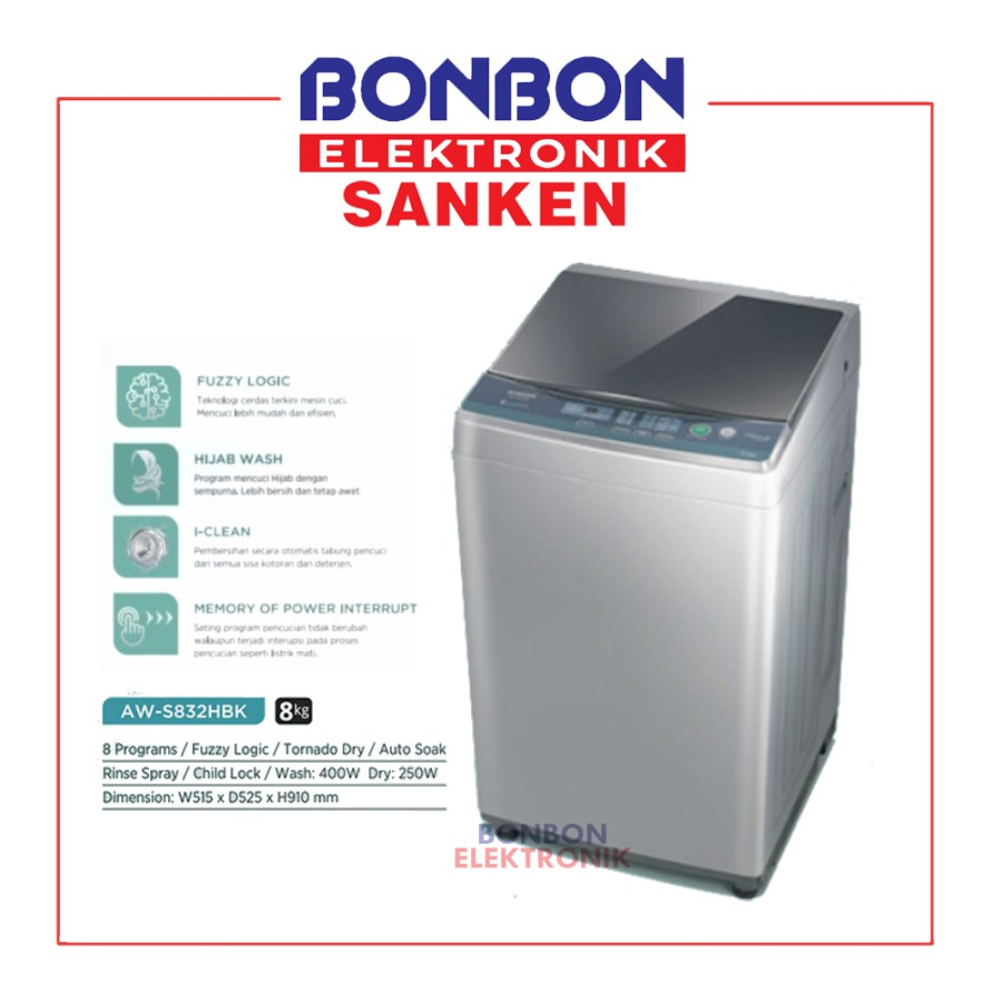 Jual Sanken Mesin Cuci 1 Tabung 8KG AW-S832HBK / AWS 832 8 KG Fuzzy Logic | Shopee Indonesia
