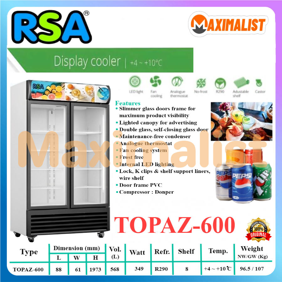 Jual RSA TOPAZ-600 Showcase 2 Pintu Display Cooler Lemari Kaca ...