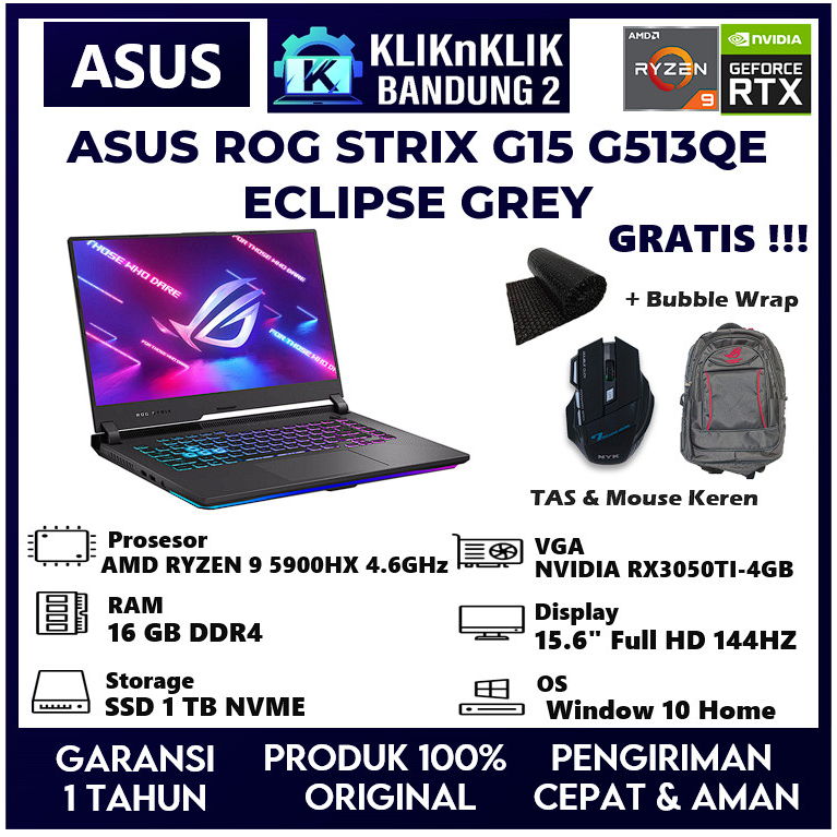 Jual LAPTOP GAMING ASUS ROG STRIX G15 G513QE AMD RYZEN 9 RTX3050TI-4GB ...