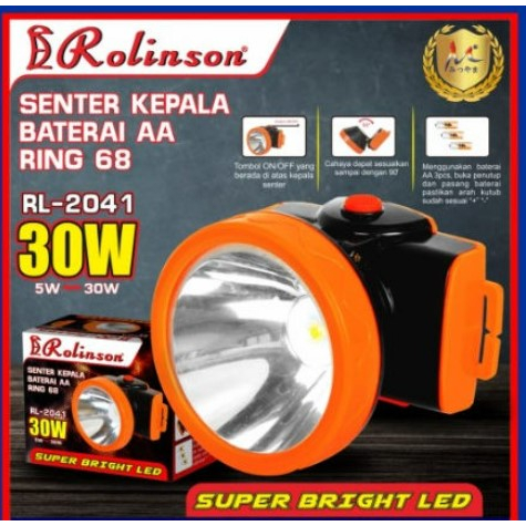 Jual Senter Kepala 30 WATT Super Bright LED RL 2041 Rolinson Pakai Baterai AA Diameter Lensa 7CM ...
