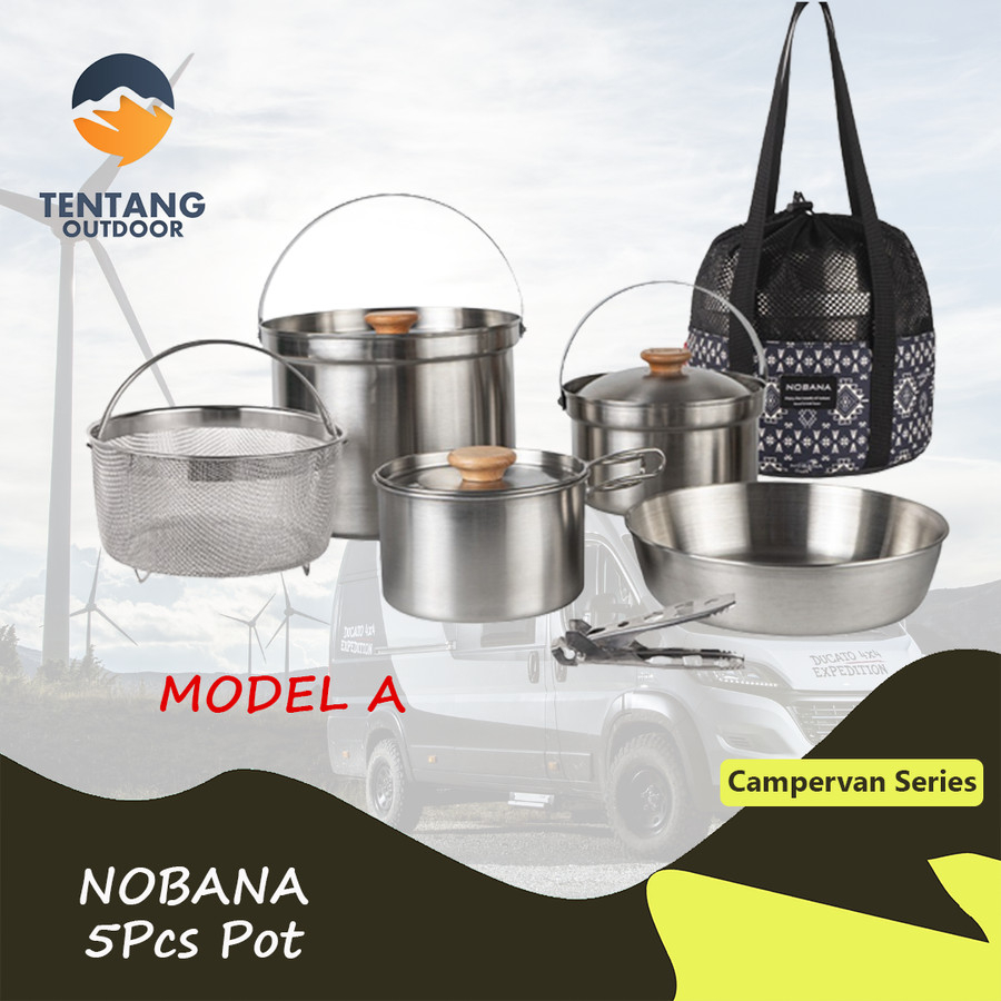 Jual 5Pcs Set Alat Masak Stainlees Steel NOBANA Nesting Camping Hiking Panci Kettle Kemah ...