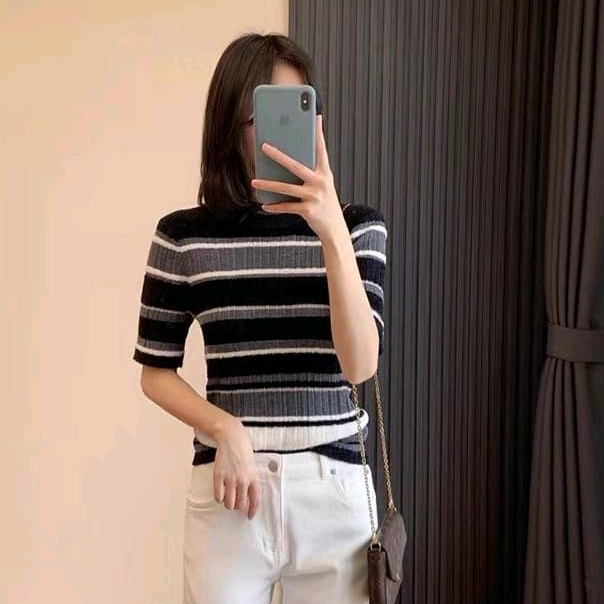 Jual Baju Atasan Wanita Rajut Blaster Garis Tangan Pendek | Shopee ...