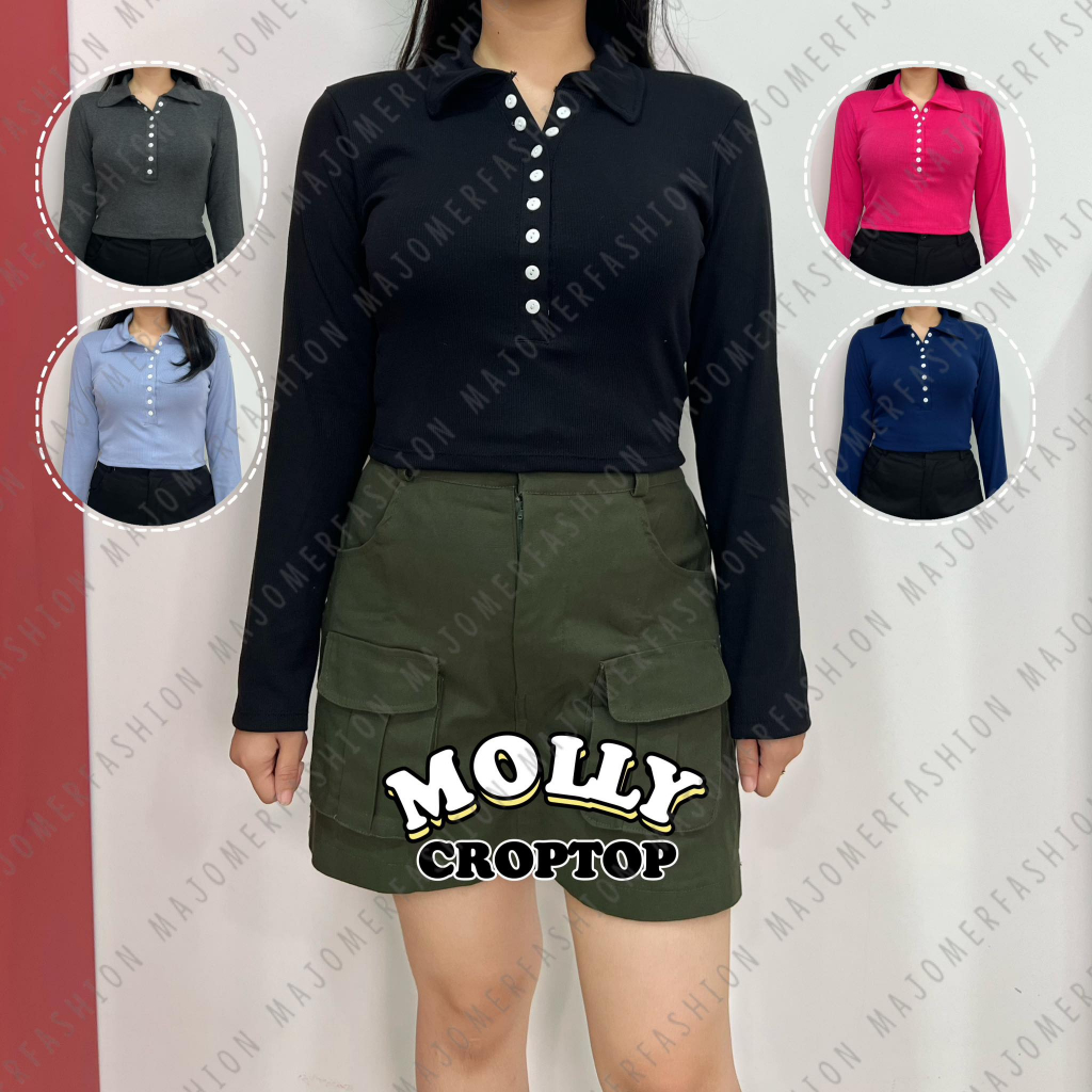 Jual Majomer | Molly Polo Crop Top - Kaos Polo Lengan Panjang Kancing ...