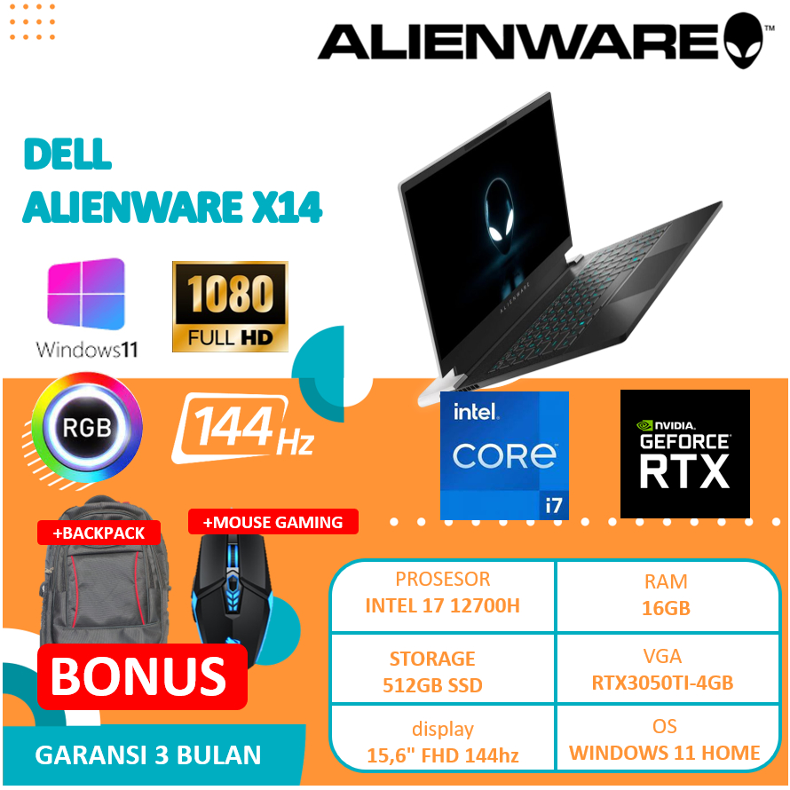 Jual DELL ALIENWARE X14 I7 12700H RTX3050TI RGB 144HZ WIN11 LUNAR LIGHT ...