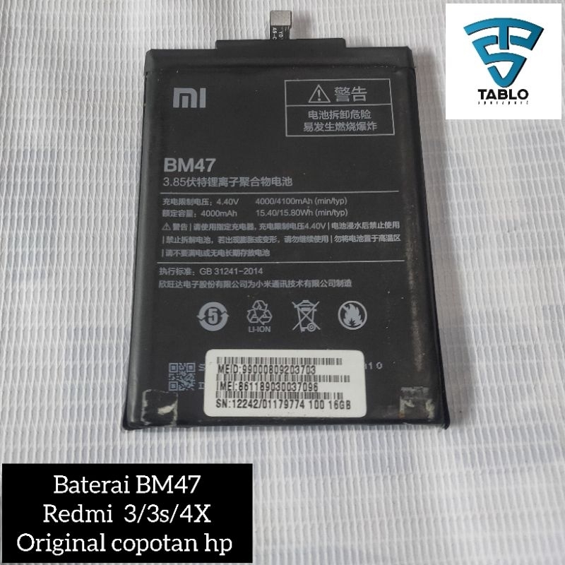 Jual Baterai BM47 Xiaomi 4x redmi 3/3s original copotan hp | Shopee ...