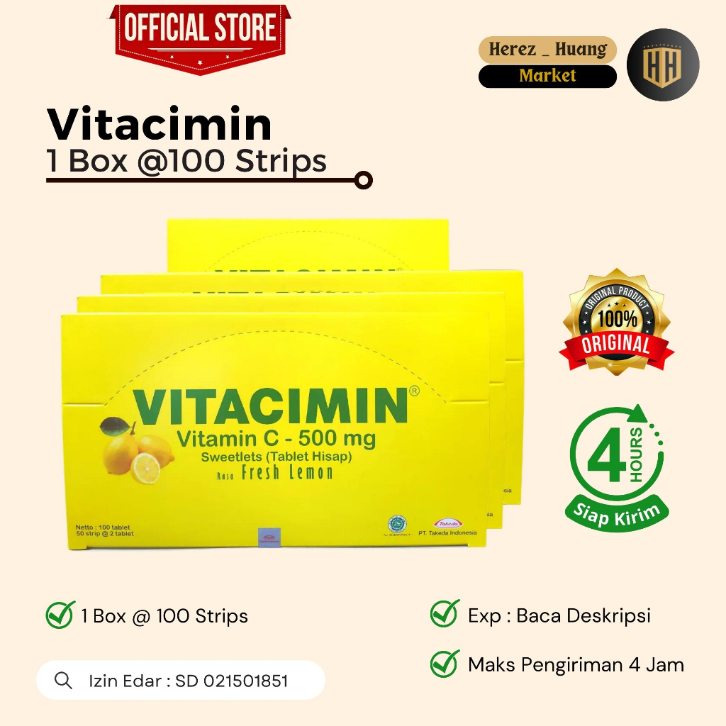 Jual VITACIMIN LEMON C-500mg, Vitamin C Rasa Lemon 1 box Isi 100 tablet ...