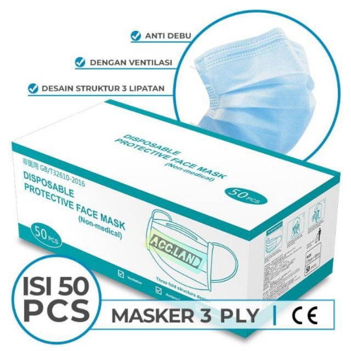 Jual Masker Disposable 1 Box isi 50pc 3Ply Facemask 1 BOX (50PC) Biru ...