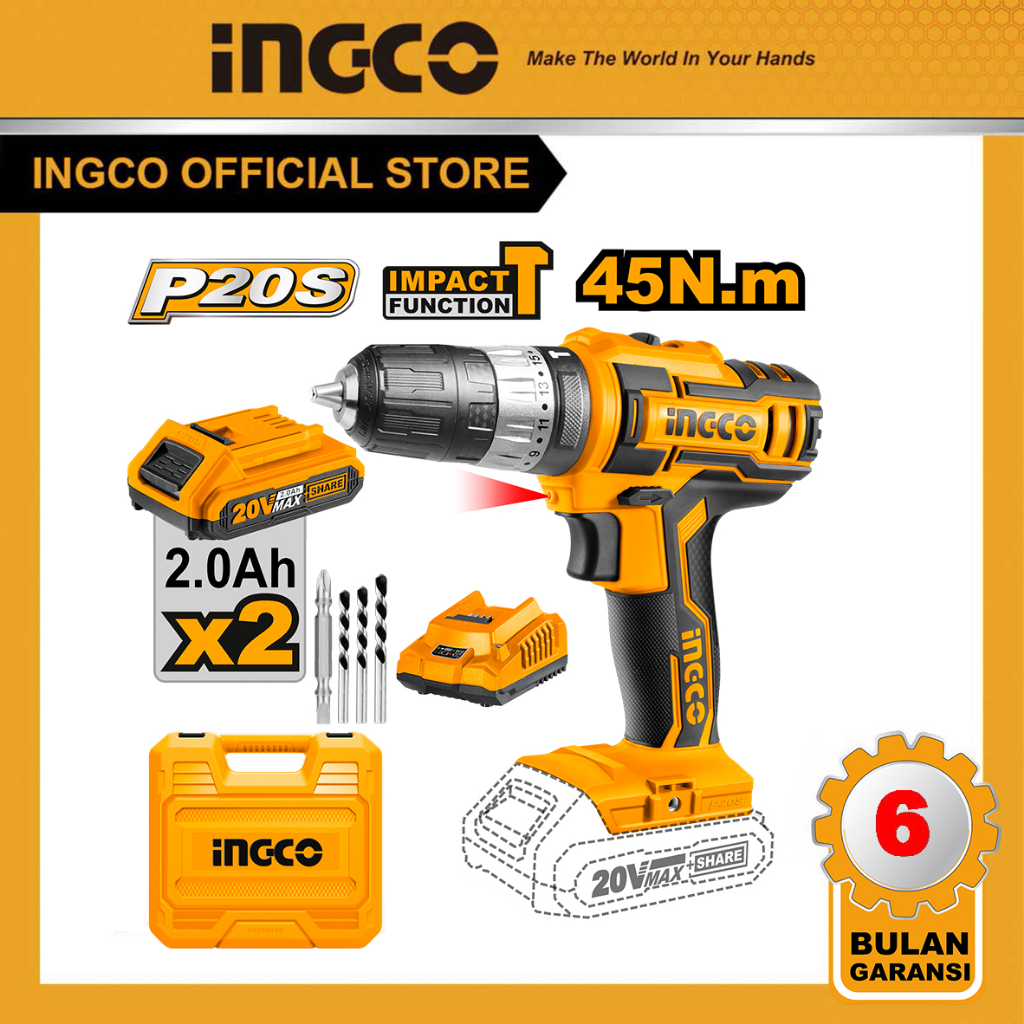 Jual INGCO 20V 45Nm Bor Impact Cordless 2 Kecepatan dengan 1 Pcs Bit Cr ...