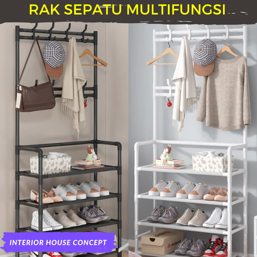 Jual Rak Sepatu Susun Plastik Multifungsi Besi dengan Hook Topi Rak ...