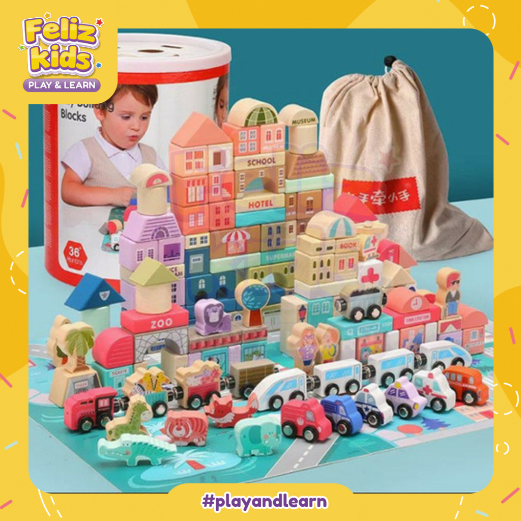 Jual [FELIZKIDS] [WD02] City building blocks woods balok kayu hadiah ...