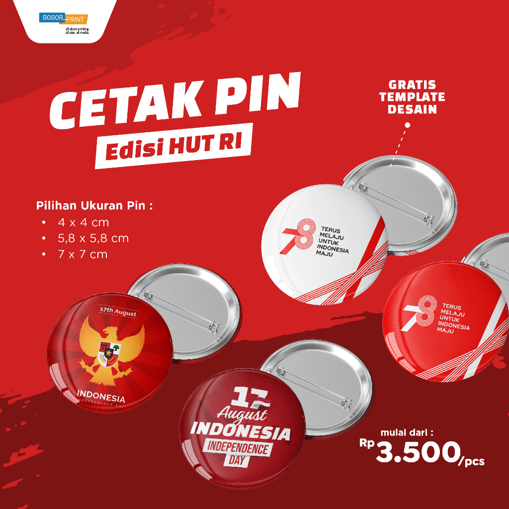 Jual Cetak Pin Peniti Custom Spesial Kemerdekaan HUT RI 78 / Full Print ...