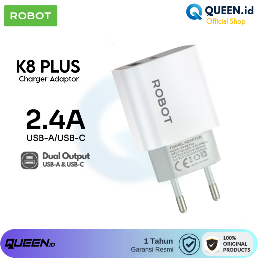 Jual ROBOT RT-K8 PLUS Charger Adaptor 2.4A Dual Port Output USB - TYPE C | Shopee Indonesia
