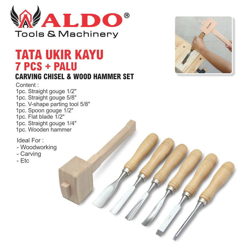 Jual TATA UKIR KAYU 7 PCS + PALU / ALAT PAHAT MANUAL + PALU MERK ALDO ...