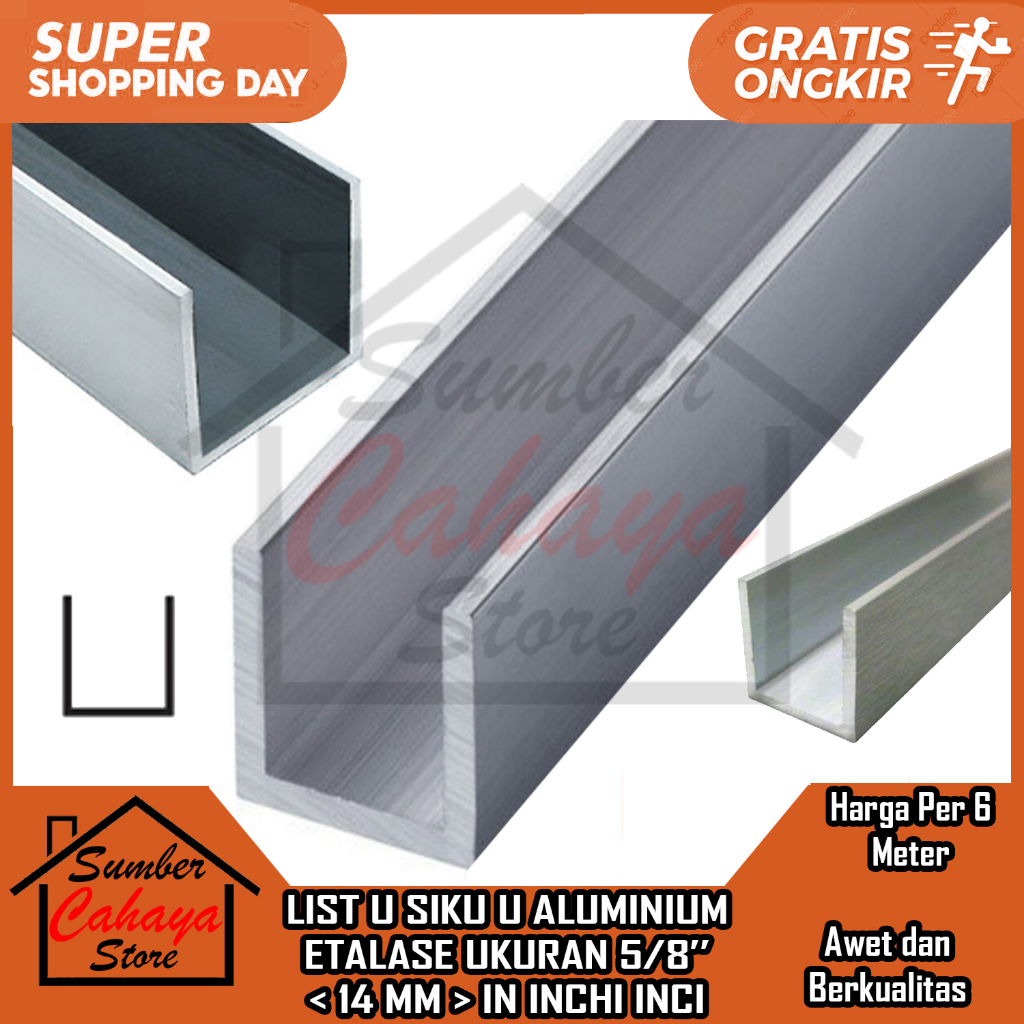 Jual LIS U ALUMINIUM U 5/8 14 mm IN INCI INCH INCHI ALUMUNIUM SILVER CA ...