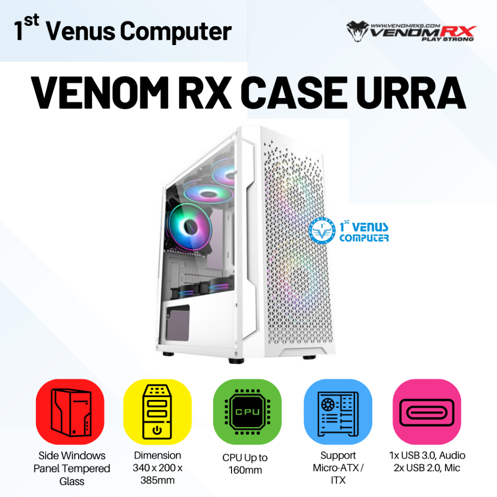 Jual CASING PC VENOM RX URRA WHITE M-ATX+2 FAN ARGB TEMPERED / CASE28 ...