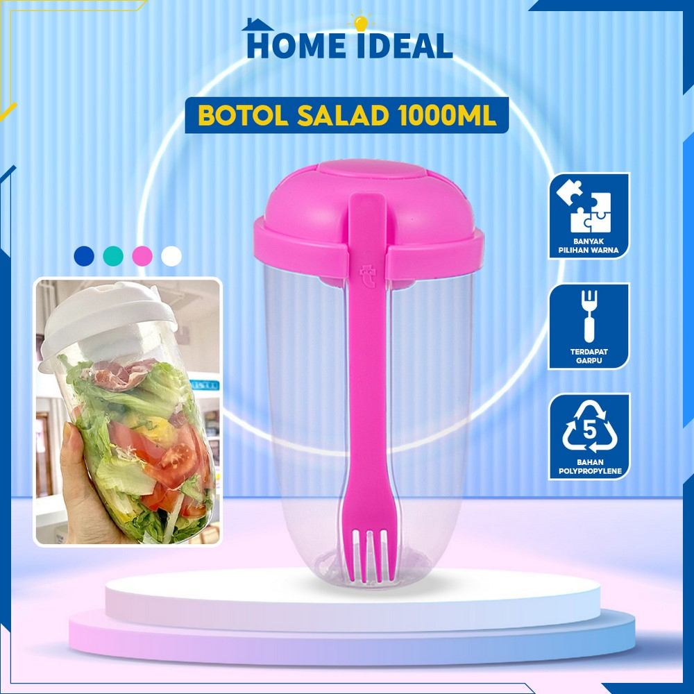 Jual Botol Salad Transparan 1000ML dengan Sendok Garpu Portable / Gelas ...