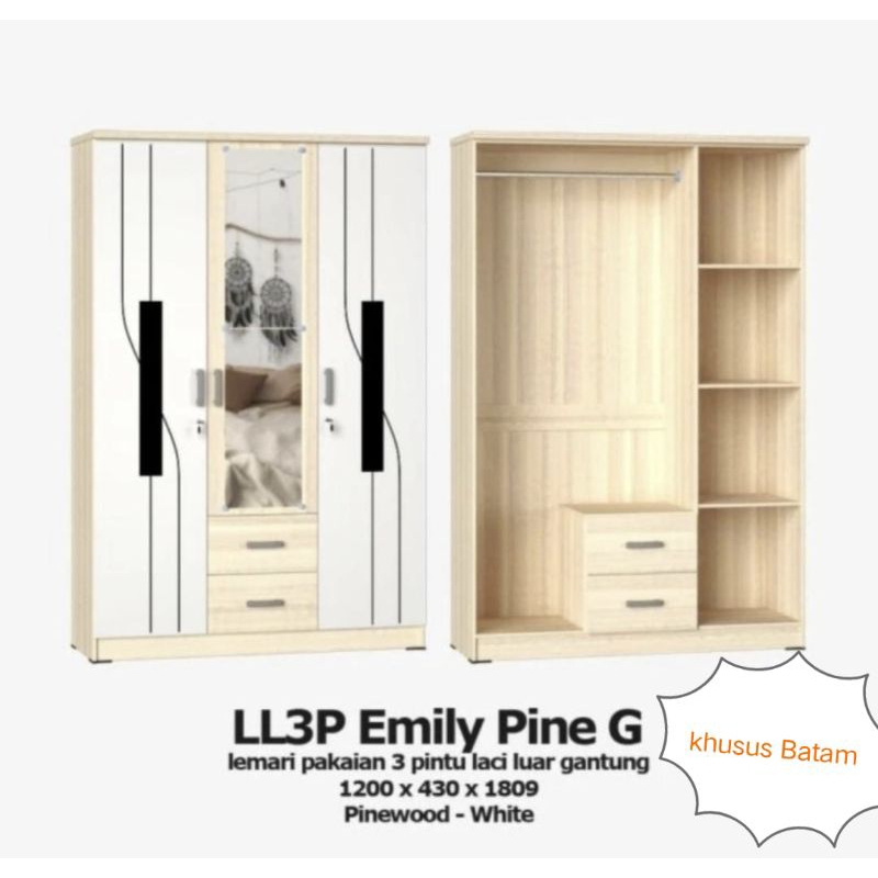Jual LEMARI PAKAIAN BAJU 3 PINTU EMILY PINE UKURAN 1200X430X1809MM | Shopee Indonesia
