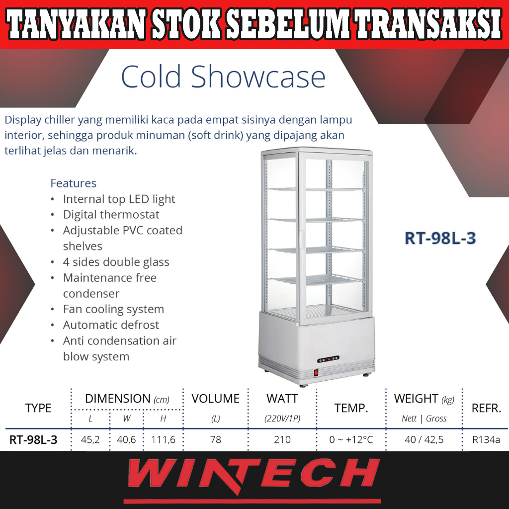 Jual Gea RT-98L-3 Cold Showcase Display Minuman Soft Drink Dengan Kaca Di Empat Sisi Dan Lampu ...