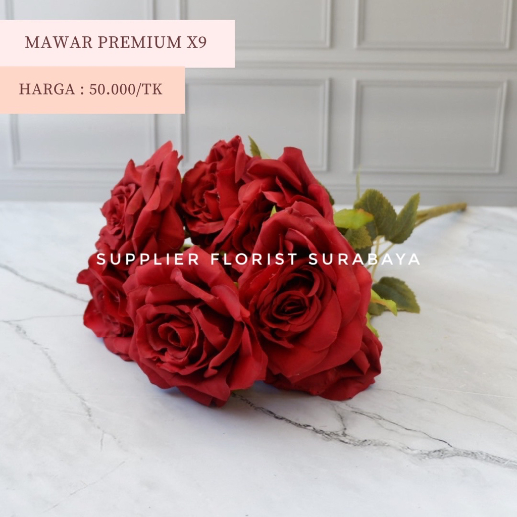 Jual [9 KEPALA] BUNGA PALSU MAWAR PREMIUM CABANG 9 ARTIFICIAL FLOWER ...