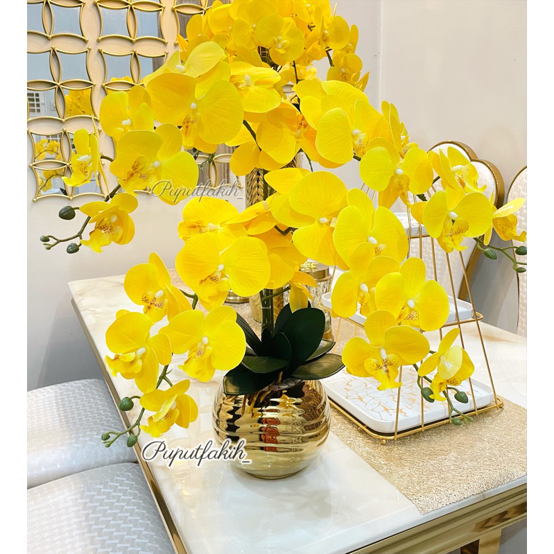 Jual Vas gold keramik dengan bunga anggrek latex /vas set anggrek sudah ...