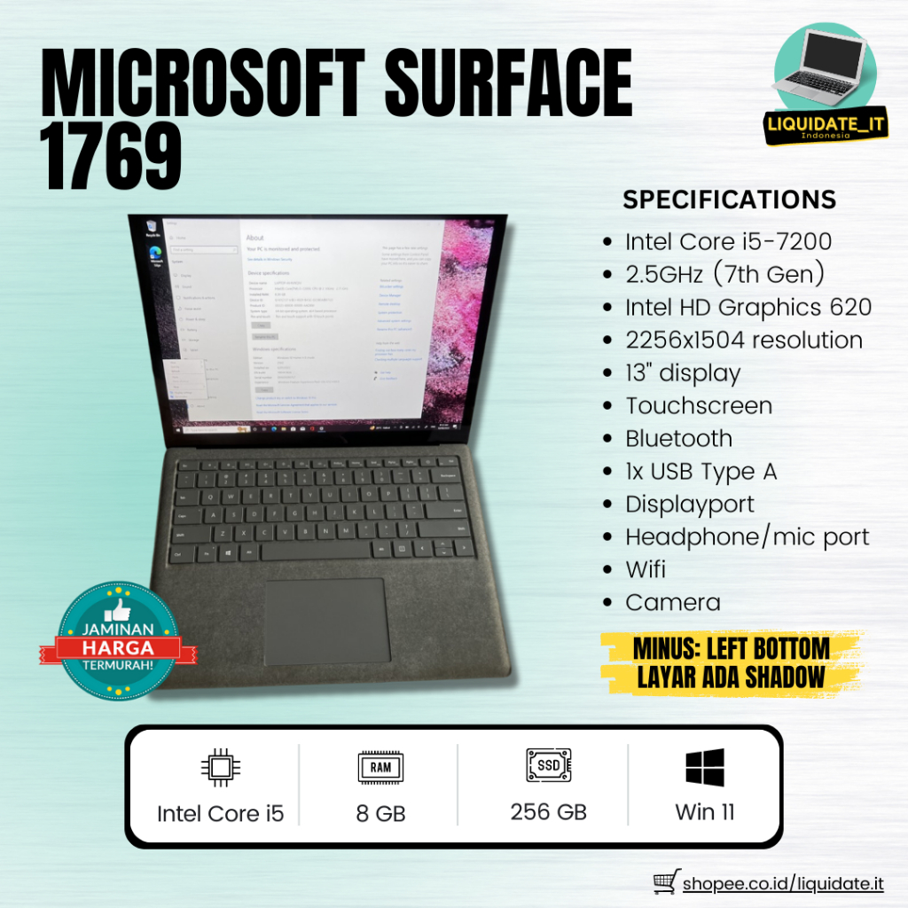 Jual Microsoft Surface 1769 Intel i5-7200 8 GB RAM 256 GB SSD Win 11 ...