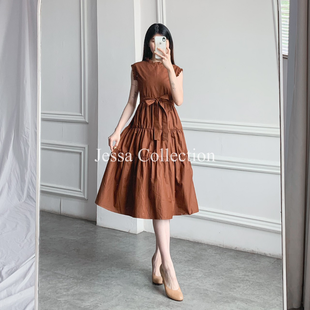 Jual Premium Velva Ribbon Dress TH 893 COTTON Gaun Midi Wanita Ruffle ...