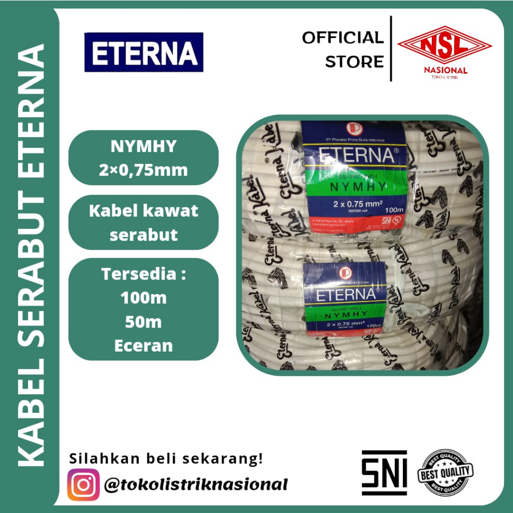 Jual KABEL NYMHY 2x0,75 Merk ETERNA (Kawat Serabut) | Shopee Indonesia