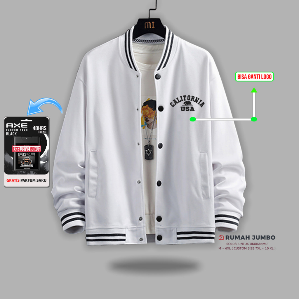 Jual Jaket Varsity Kancing Putih USA Oversize (M - 6XL) Sweater ...