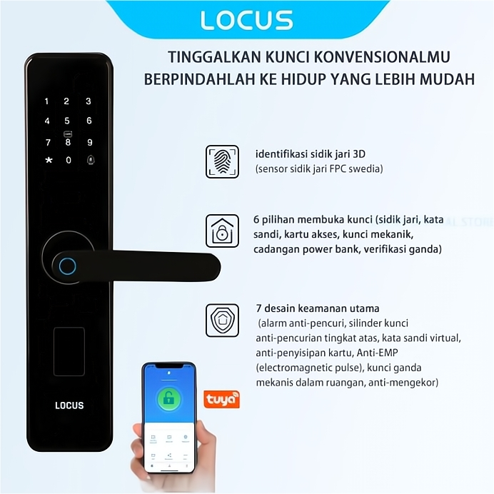 Jual Locus L5 Wifi Smart Door Lock dengan Sidik Jari, Support Tuya APP Long-Distance Unlocking ...