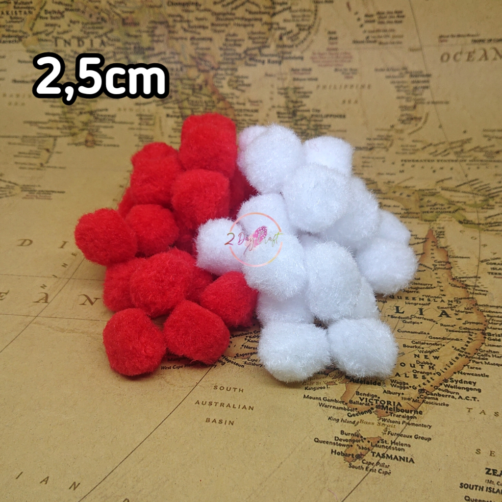 Jual 100 pcs Pom pom 2,5cm - Bola pompom merah putih - benang pom pom ...
