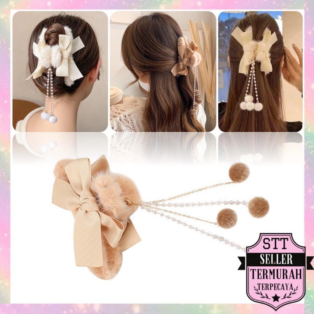 Jual STT Jepit Rambut Wanita Motif Pita Rumbai Jedai Bulu Pompom Gaya ...